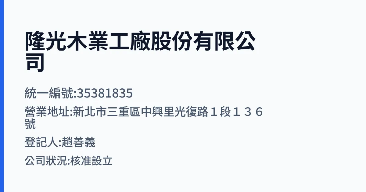 隆光木業工廠股份有限公司 - 統編 35381835(新北市) 公司登記資料與營業項目詳細圖表