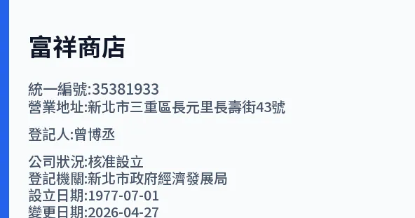 富祥商店的照片-統編 35381933(新北市) 公司登記資料與營業項目詳細圖表