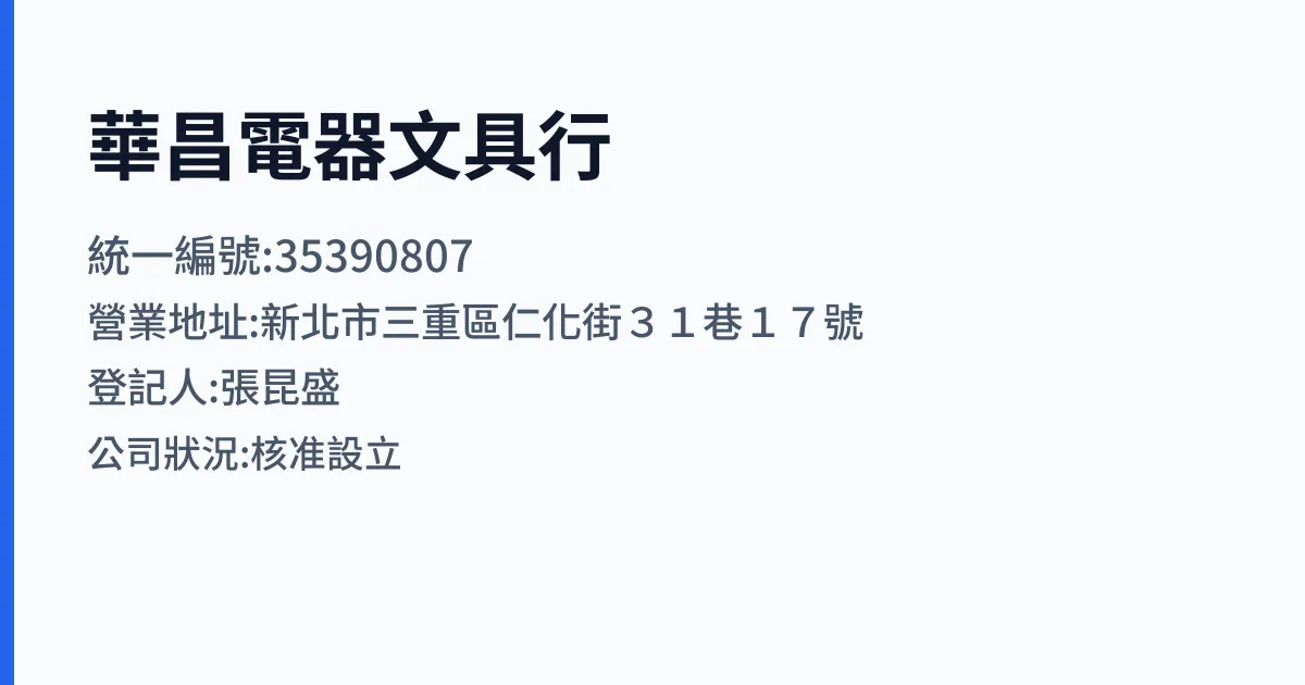 華昌電器文具行 - 統編 35390807(新北市) 公司登記資料與營業項目詳細圖表