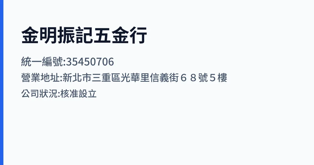 金明振記五金行 - 統編 35450706(新北市) 公司登記資料與營業項目詳細圖表