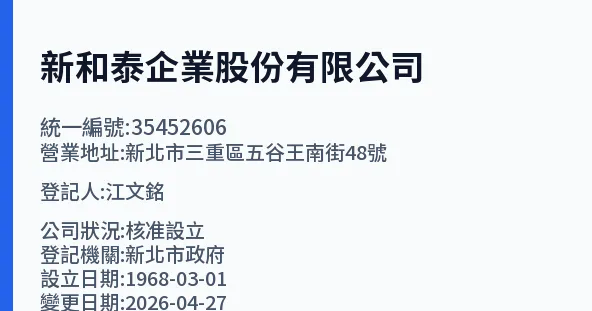新和泰企業股份有限公司的照片-統編 35452606(新北市) 公司登記資料與營業項目詳細圖表