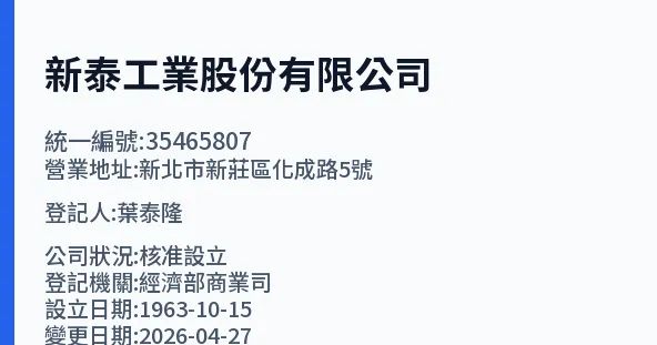 新泰工業股份有限公司的照片-統編 35465807(新北市) 公司登記資料與營業項目詳細圖表
