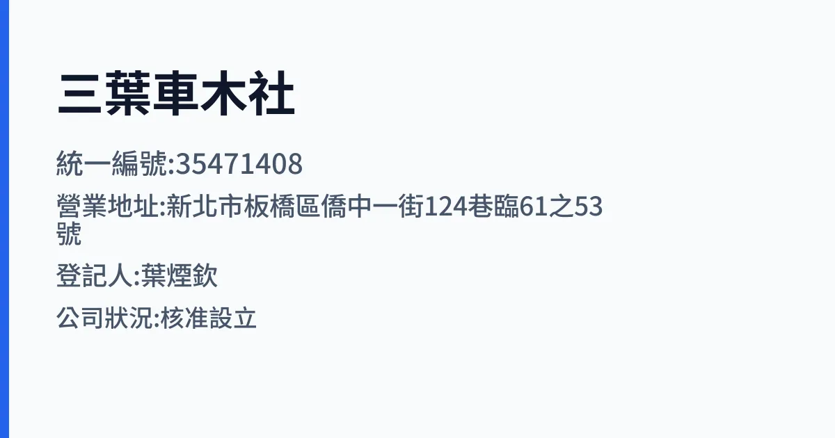 三葉車木社 - 統編 35471408(新北市) 公司登記資料與營業項目詳細圖表