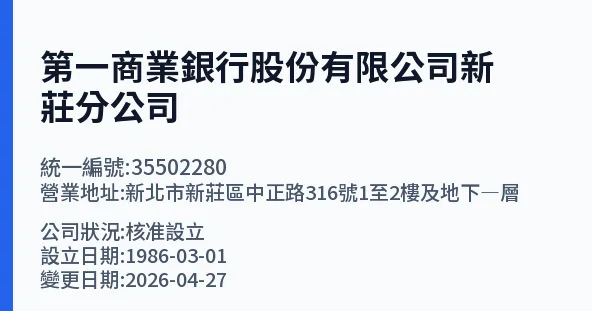 第一商業銀行股份有限公司新莊分公司的照片-統編 35502280(新北市) 公司登記資料與營業項目詳細圖表