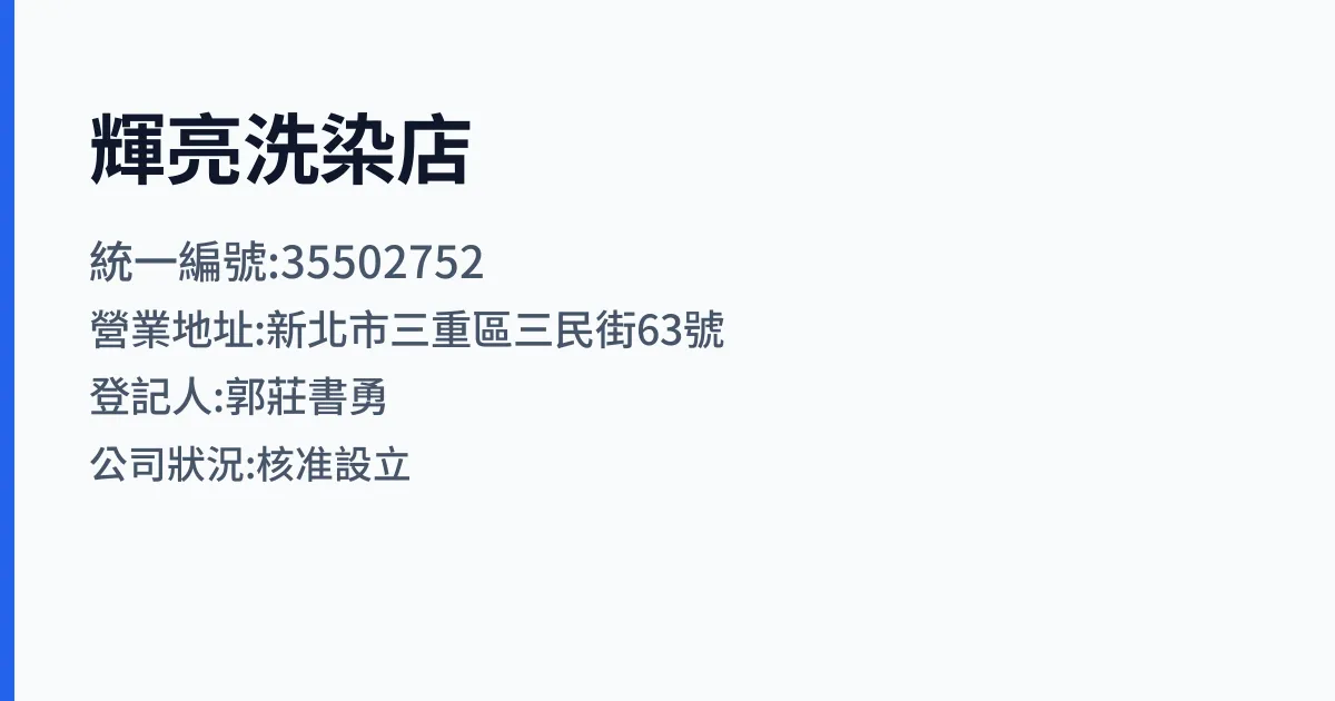 輝亮洗染店 - 統編 35502752(新北市) 公司登記資料與營業項目詳細圖表