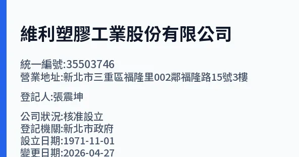 維利塑膠工業股份有限公司的照片-統編 35503746(新北市) 公司登記資料與營業項目詳細圖表