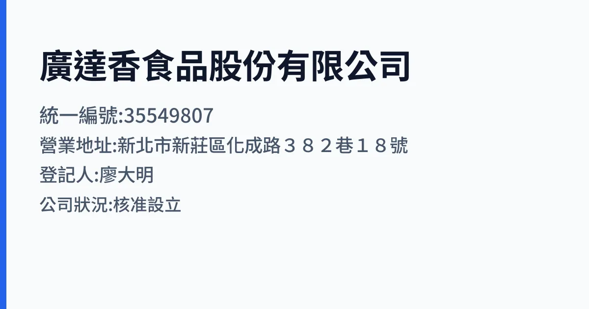廣達香食品股份有限公司 - 統編 35549807(新北市) 公司登記資料與營業項目詳細圖表