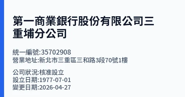 第一商業銀行股份有限公司三重埔分公司的照片-統編 35702908(新北市) 公司登記資料與營業項目詳細圖表