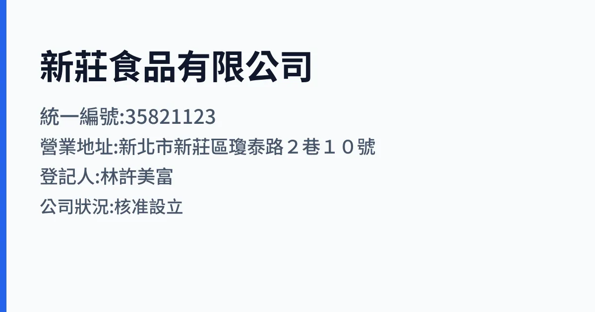 新莊食品有限公司 - 統編 35821123(新北市) 公司登記資料與營業項目詳細圖表