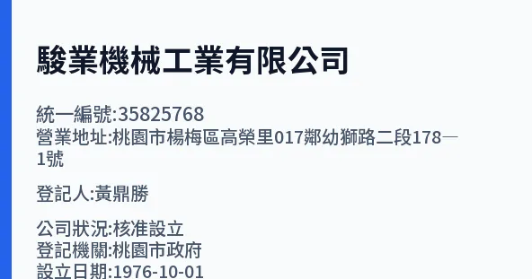 駿業機械工業有限公司的照片-統編 35825768(桃園市) 公司登記資料與營業項目詳細圖表