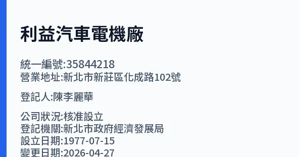 利益汽車電機廠的照片-統編 35844218(新北市) 公司登記資料與營業項目詳細圖表