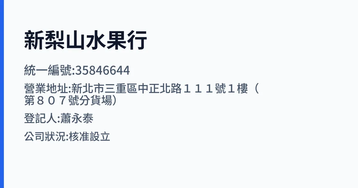 新梨山水果行 - 統編 35846644(新北市) 公司登記資料與營業項目詳細圖表