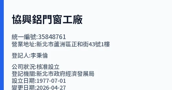 協興鋁門窗工廠的照片-統編 35848761(新北市) 公司登記資料與營業項目詳細圖表