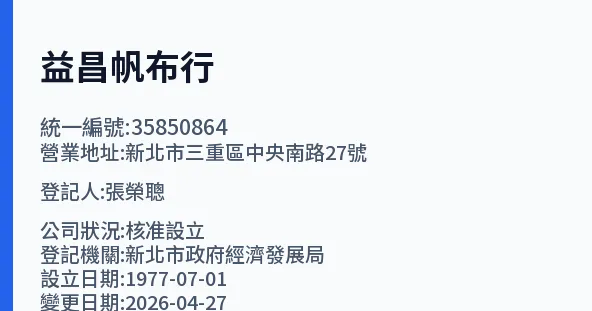 益昌帆布行的照片-統編 35850864(新北市) 公司登記資料與營業項目詳細圖表