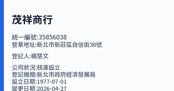 茂祥商行的照片-統編 35856038(新北市) 公司登記資料與營業項目詳細圖表