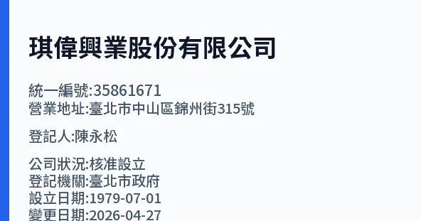 琪偉興業股份有限公司的照片-統編 35861671(臺北市) 公司登記資料與營業項目詳細圖表