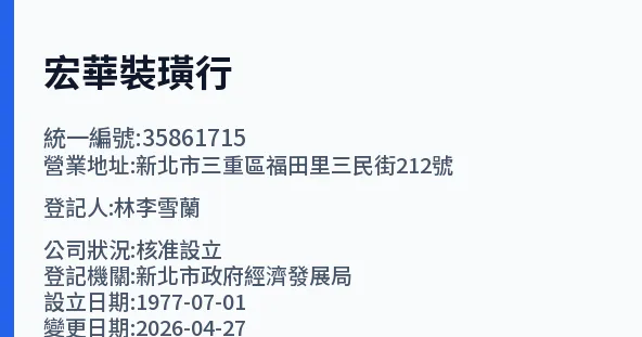 宏華裝璜行的照片-統編 35861715(新北市) 公司登記資料與營業項目詳細圖表