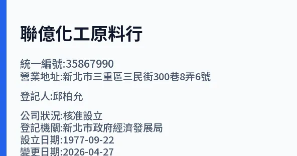 聯億化工原料行的照片-統編 35867990(新北市) 公司登記資料與營業項目詳細圖表