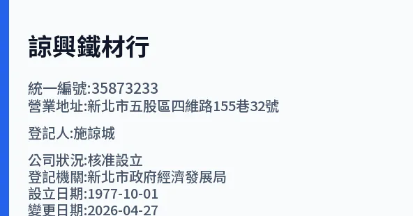 諒興鐵材行的照片-統編 35873233(新北市) 公司登記資料與營業項目詳細圖表