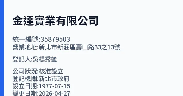 金達實業有限公司的照片-統編 35879503(新北市) 公司登記資料與營業項目詳細圖表