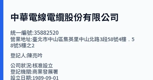 中華電線電纜股份有限公司的照片-統編 35882520(臺北市) 公司登記資料與營業項目詳細圖表
