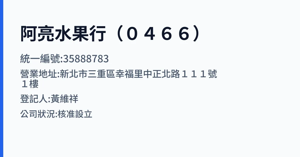 阿亮水果行（０４６６） - 統編 35888783(新北市) 公司登記資料與營業項目詳細圖表