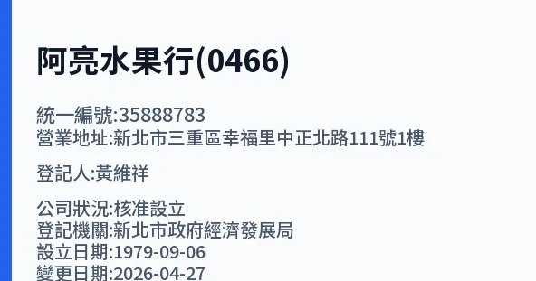 阿亮水果行(0466)的照片-統編 35888783(新北市) 公司登記資料與營業項目詳細圖表