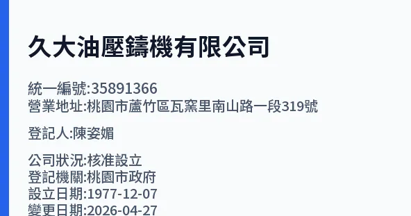 久大油壓鑄機有限公司的照片-統編 35891366(桃園市) 公司登記資料與營業項目詳細圖表