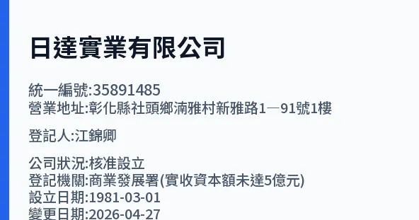 日達實業有限公司的照片-統編 35891485(彰化縣) 公司登記資料與營業項目詳細圖表