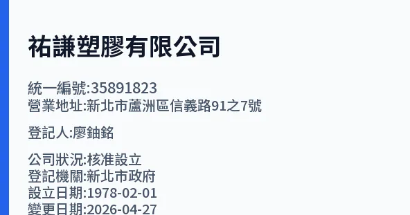 祐謙塑膠有限公司的照片-統編 35891823(新北市) 公司登記資料與營業項目詳細圖表