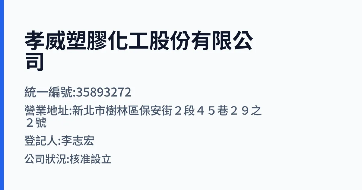 孝威塑膠化工股份有限公司 - 統編 35893272(新北市) 公司登記資料與營業項目詳細圖表