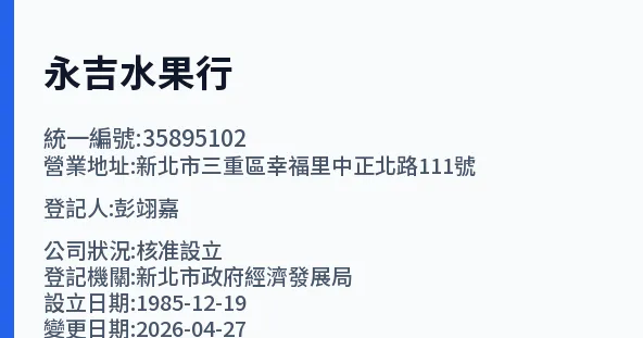 永吉水果行的照片-統編 35895102(新北市) 公司登記資料與營業項目詳細圖表