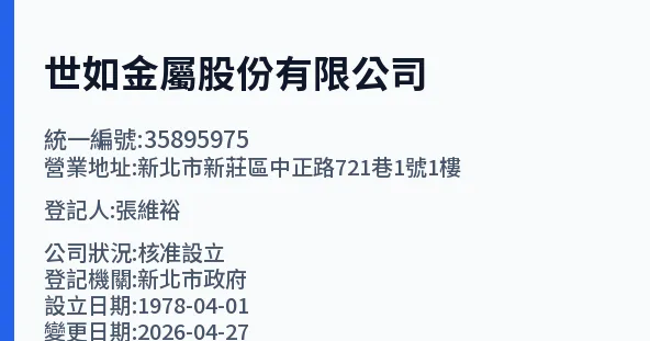 世如金屬股份有限公司的照片-統編 35895975(新北市) 公司登記資料與營業項目詳細圖表