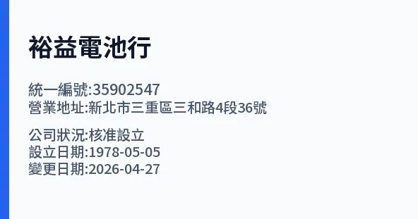 裕益電池行的照片-統編 35902547(新北市) 公司登記資料與營業項目詳細圖表