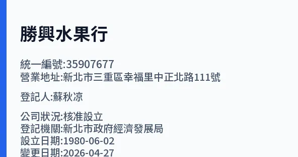 勝興水果行的照片-統編 35907677(新北市) 公司登記資料與營業項目詳細圖表