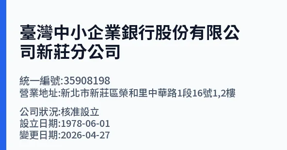 臺灣中小企業銀行股份有限公司新莊分公司的照片-統編 35908198(新北市) 公司登記資料與營業項目詳細圖表