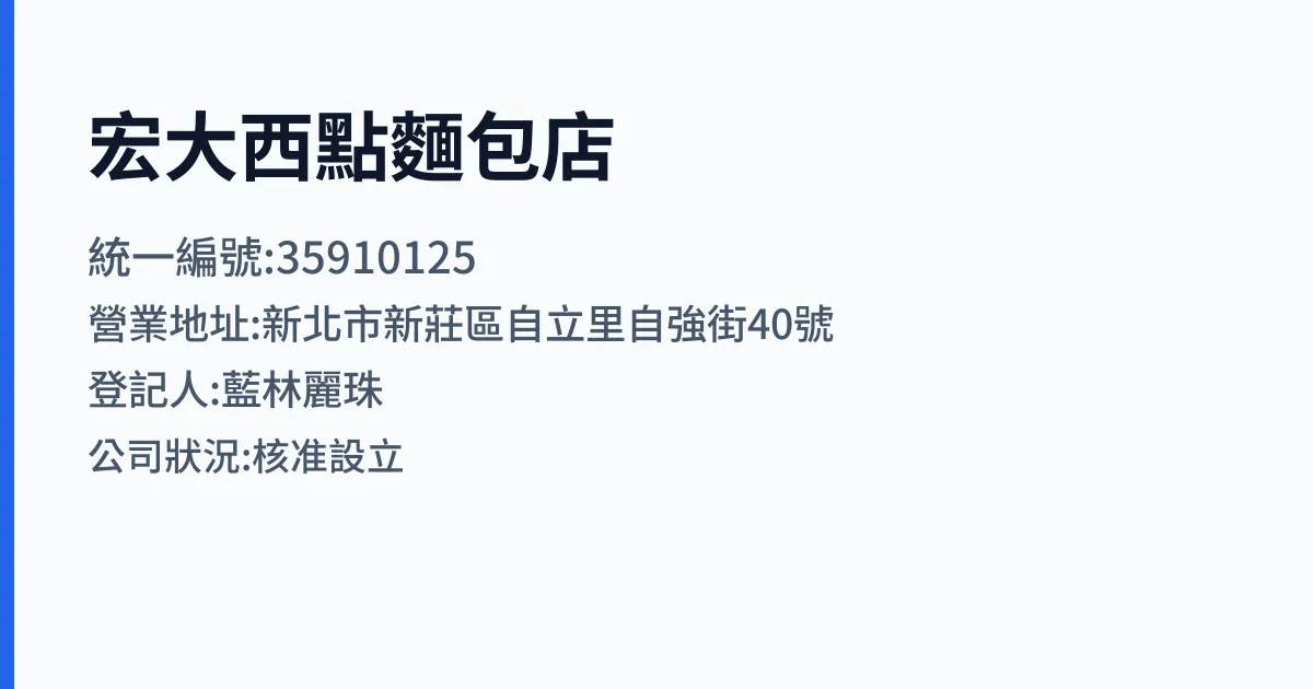 宏大西點麵包店 - 統編 35910125(新北市) 公司登記資料與營業項目詳細圖表