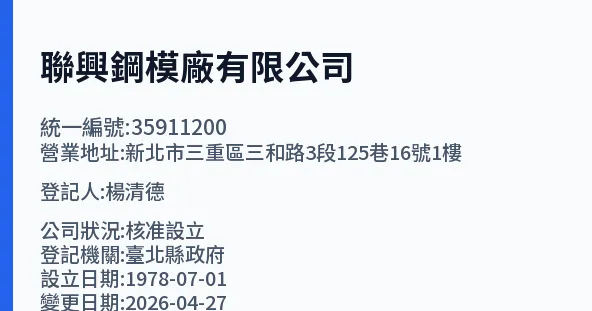 聯興鋼模廠有限公司的照片-統編 35911200(新北市) 公司登記資料與營業項目詳細圖表