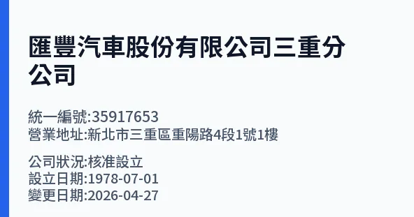 匯豐汽車股份有限公司三重分公司的照片-統編 35917653(新北市) 公司登記資料與營業項目詳細圖表