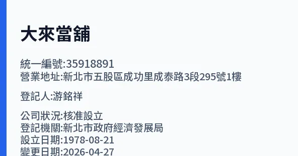 大來當舖的照片-統編 35918891(新北市) 公司登記資料與營業項目詳細圖表
