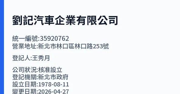 劉記汽車企業有限公司的照片-統編 35920762(新北市) 公司登記資料與營業項目詳細圖表