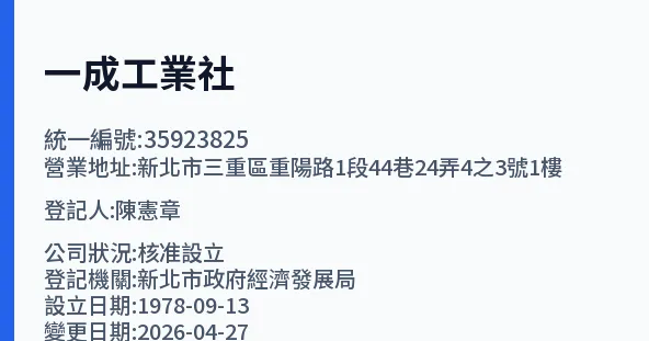 一成工業社的照片-統編 35923825(新北市) 公司登記資料與營業項目詳細圖表