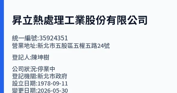 昇立熱處理工業股份有限公司的照片-統編 35924351(新北市) 公司登記資料與營業項目詳細圖表