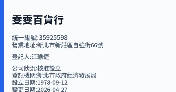 雯雯百貨行的照片-統編 35925598(新北市) 公司登記資料與營業項目詳細圖表