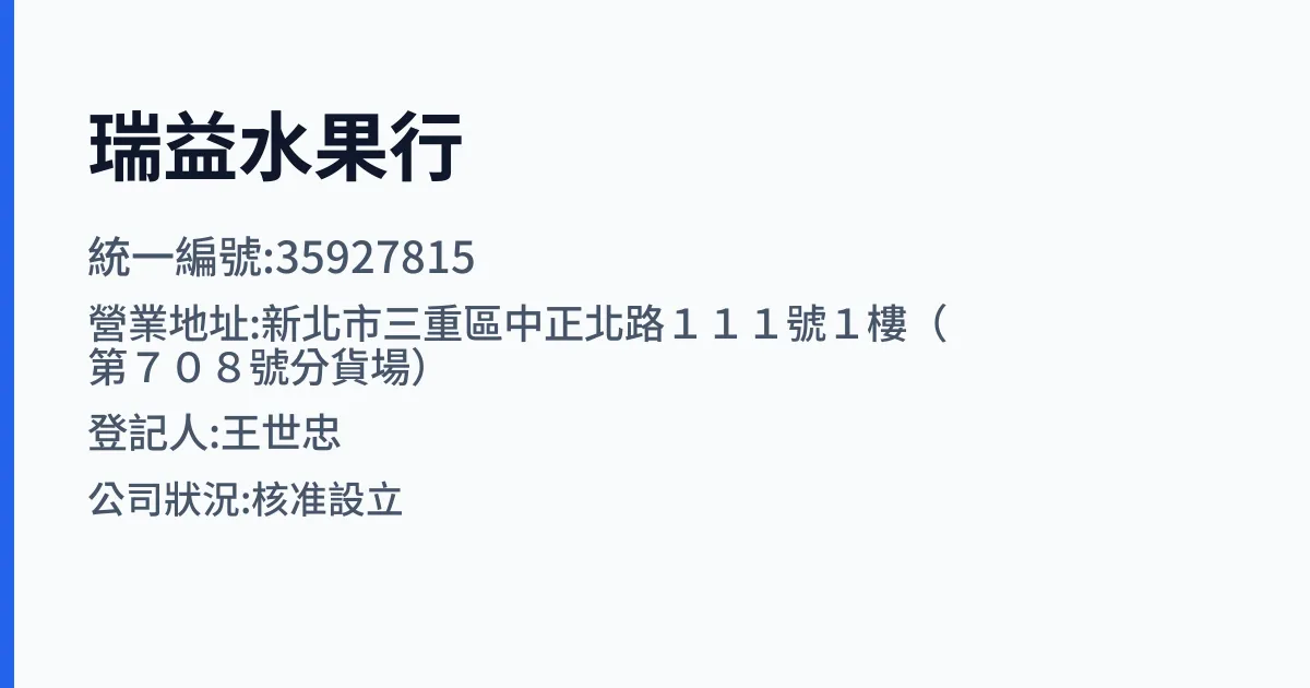 瑞益水果行 - 統編 35927815(新北市) 公司登記資料與營業項目詳細圖表