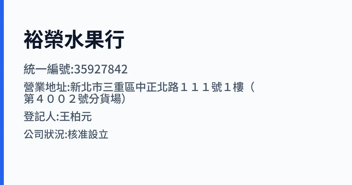 裕榮水果行 - 統編 35927842(新北市) 公司登記資料與營業項目詳細圖表