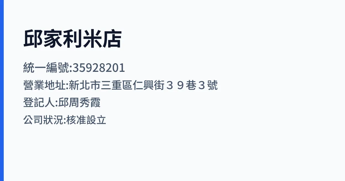 邱家利米店 - 統編 35928201(新北市) 公司登記資料與營業項目詳細圖表