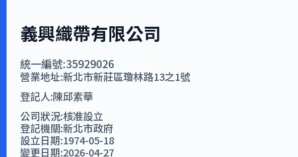 義興織帶有限公司的照片-統編 35929026(新北市) 公司登記資料與營業項目詳細圖表
