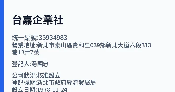 台嘉企業社的照片-統編 35934983(新北市) 公司登記資料與營業項目詳細圖表