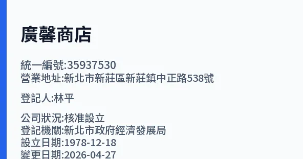 廣馨商店的照片-統編 35937530(新北市) 公司登記資料與營業項目詳細圖表